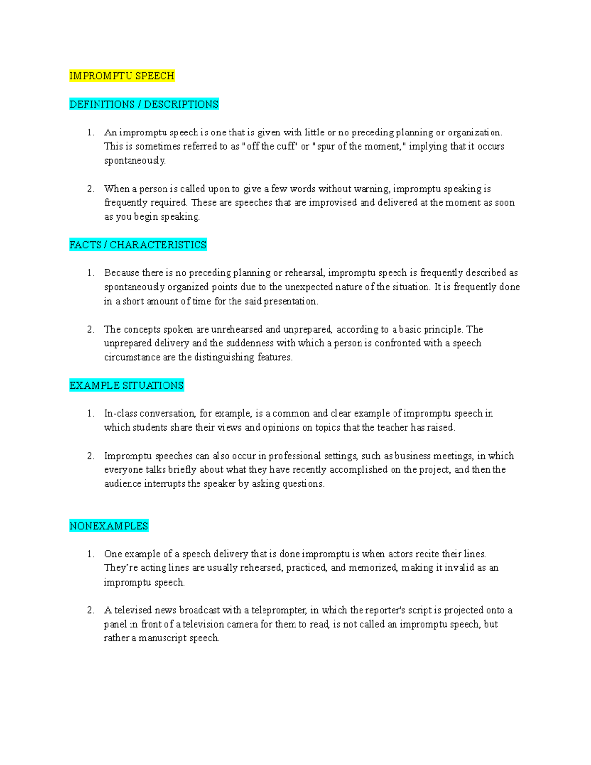 Impromptu Speech Guide: Definitions, Characteristics & Examples - Studocu