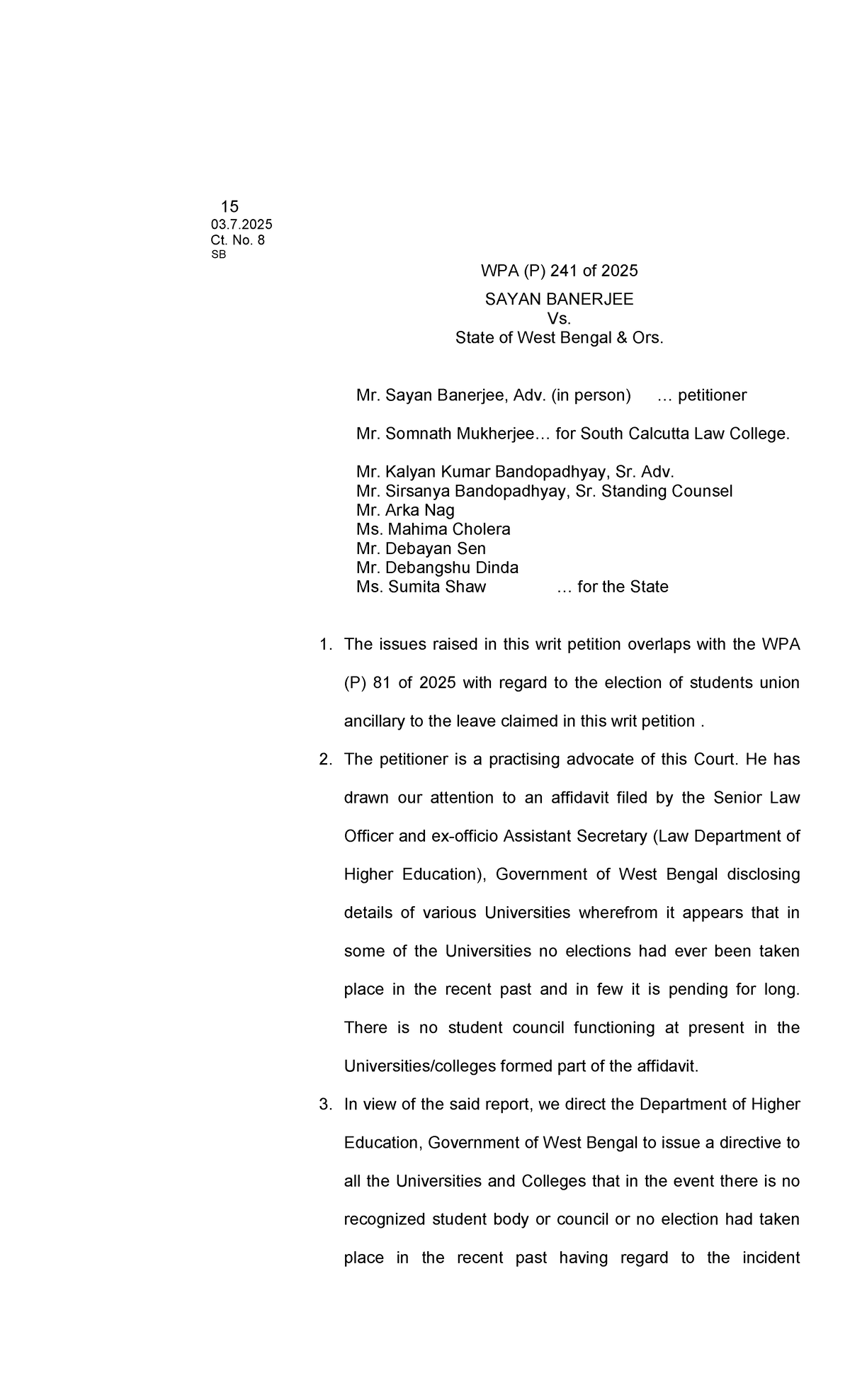 WPA (P) 241 of 2025: Order on Student Union Elections in WB - Studocu