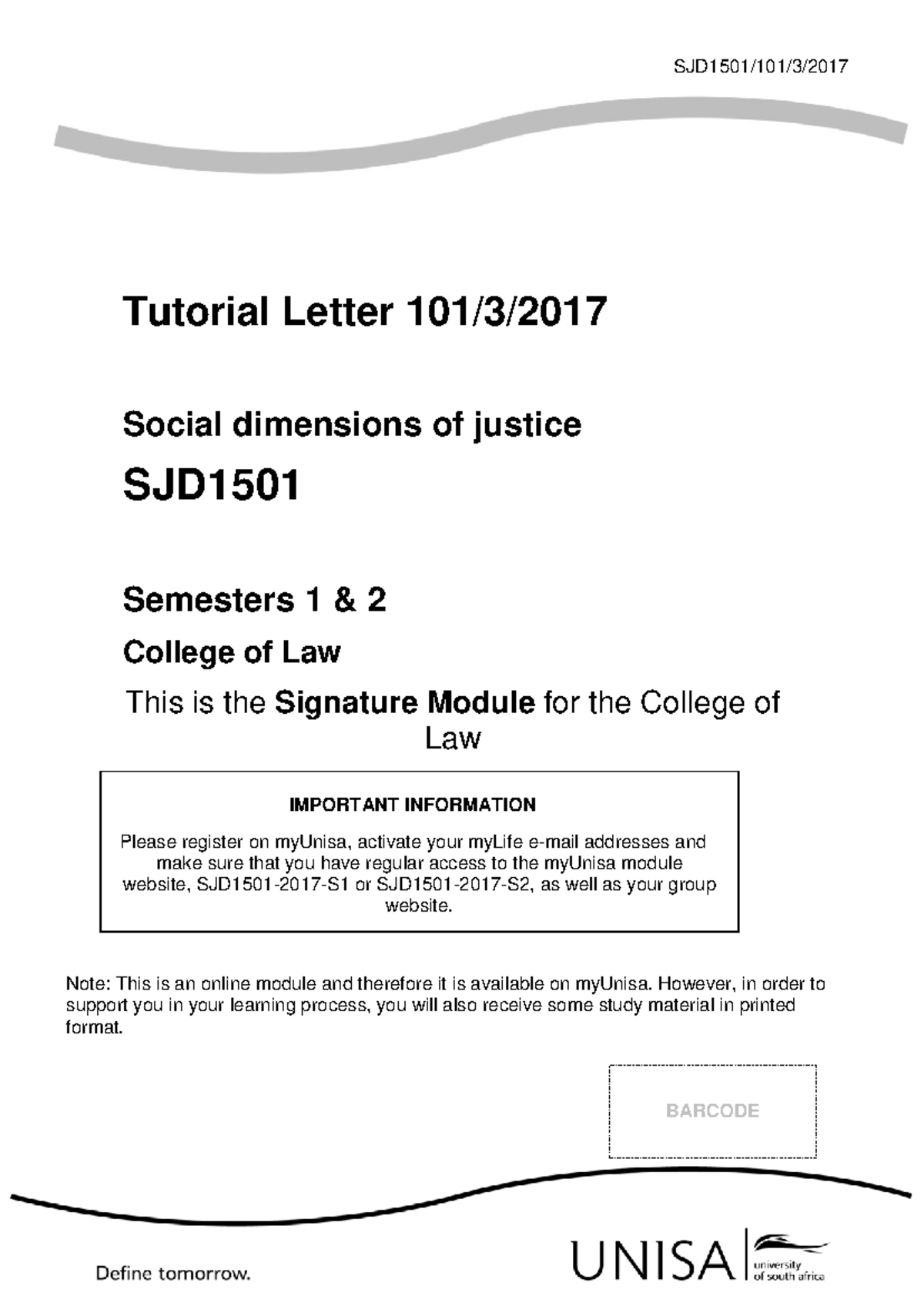SJD1501/101/3 - 2017 Tutorial Letter on Social Dimensions of Justice ...