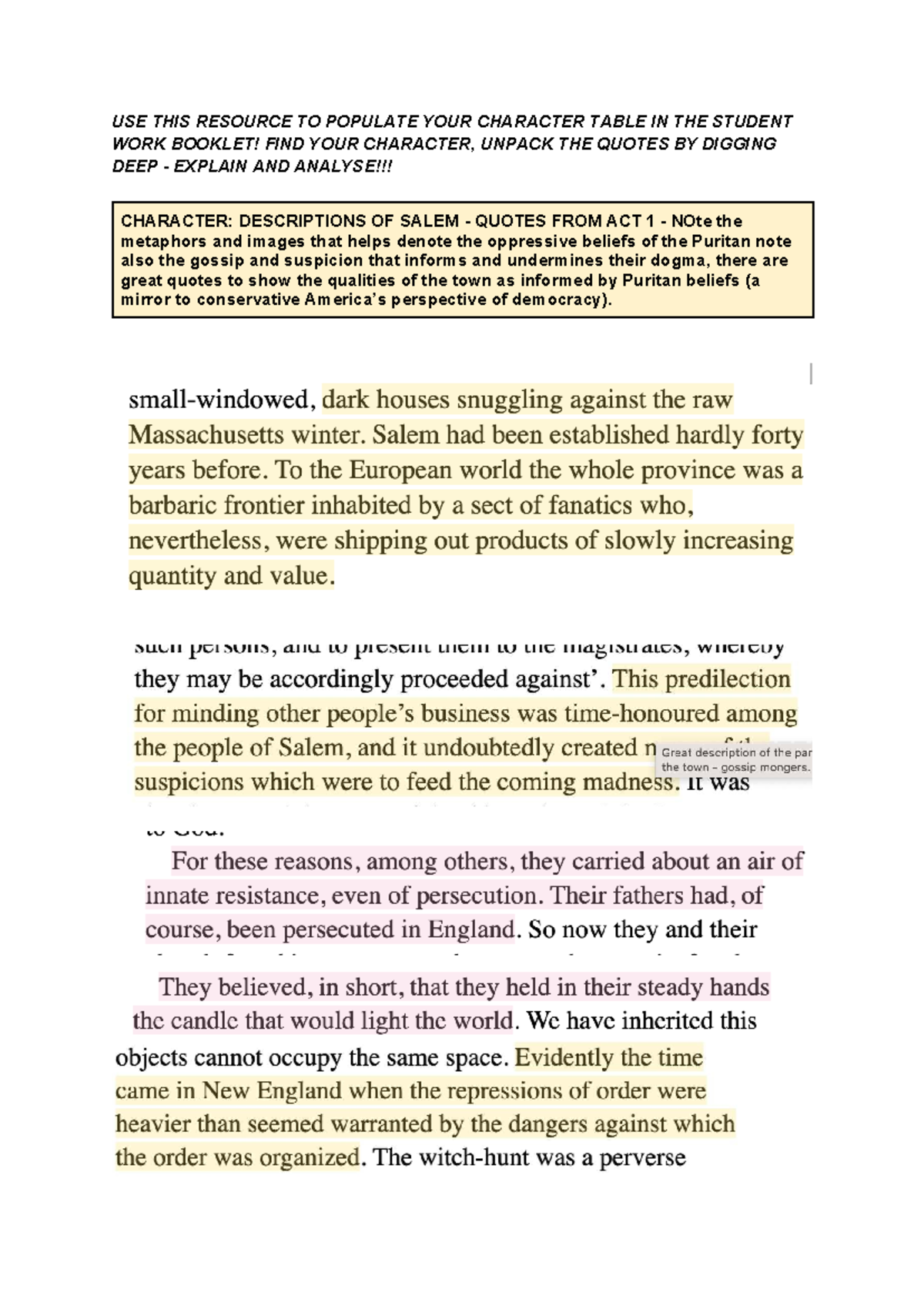 Character Analysis Quotes for Act 1: Salem's Puritan Beliefs - Studocu