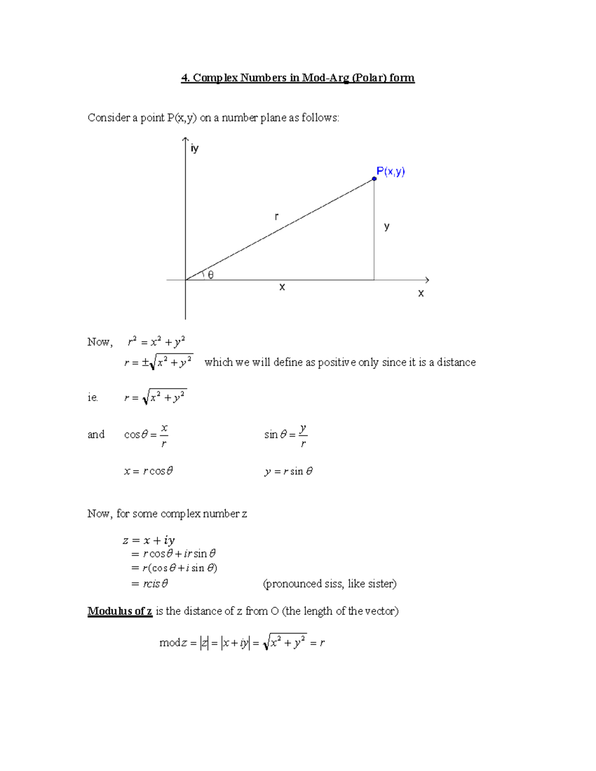 4. Modulus-Argument Form of Complex Numbers in Polar Coordinates - Studocu