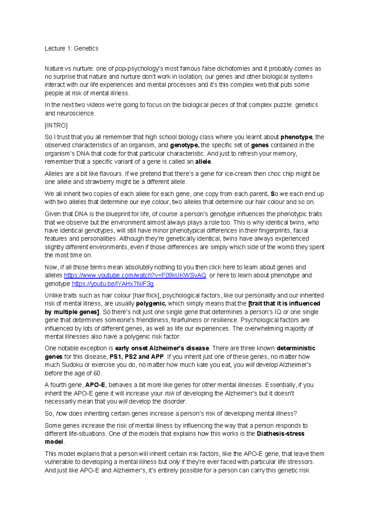 Lecture 1: Bio Genetics - Nature vs Nurture in Mental Health - Studocu