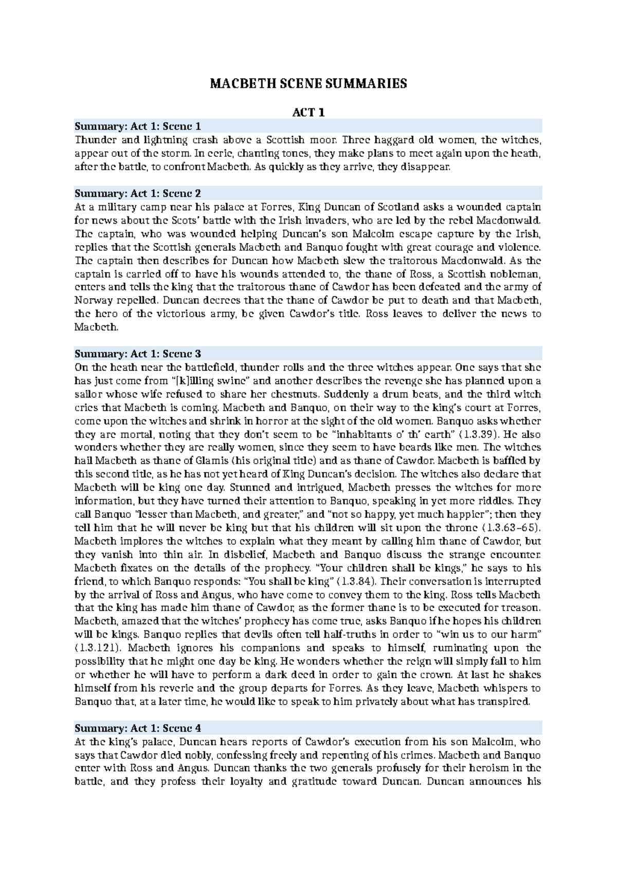 Macbeth (ENG 203) Act Summaries: Scenes 1-4 Overview and Analysis - Studocu