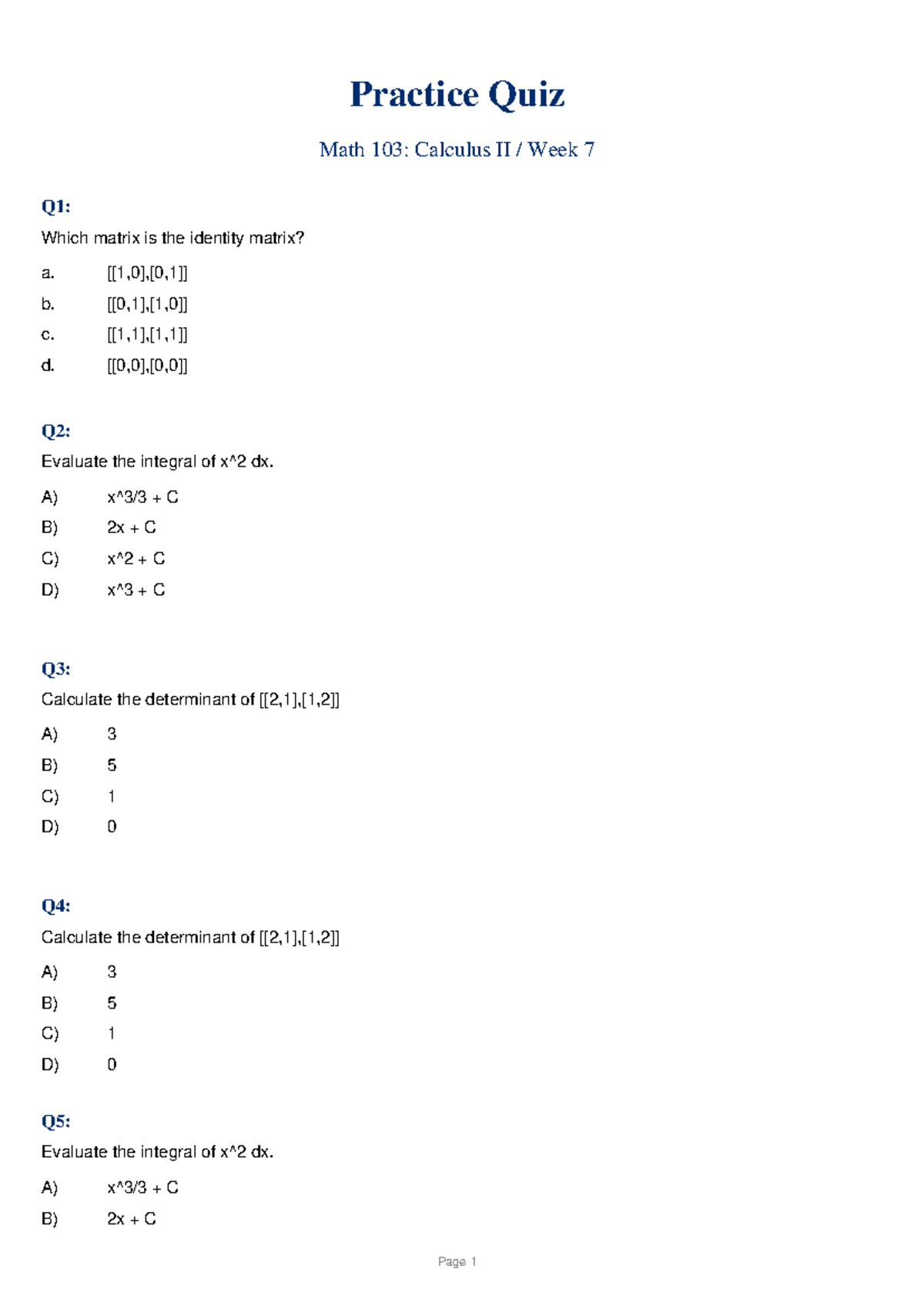 Practice Quiz Math 103: Calculus II Week 7 Review Questions - Studocu