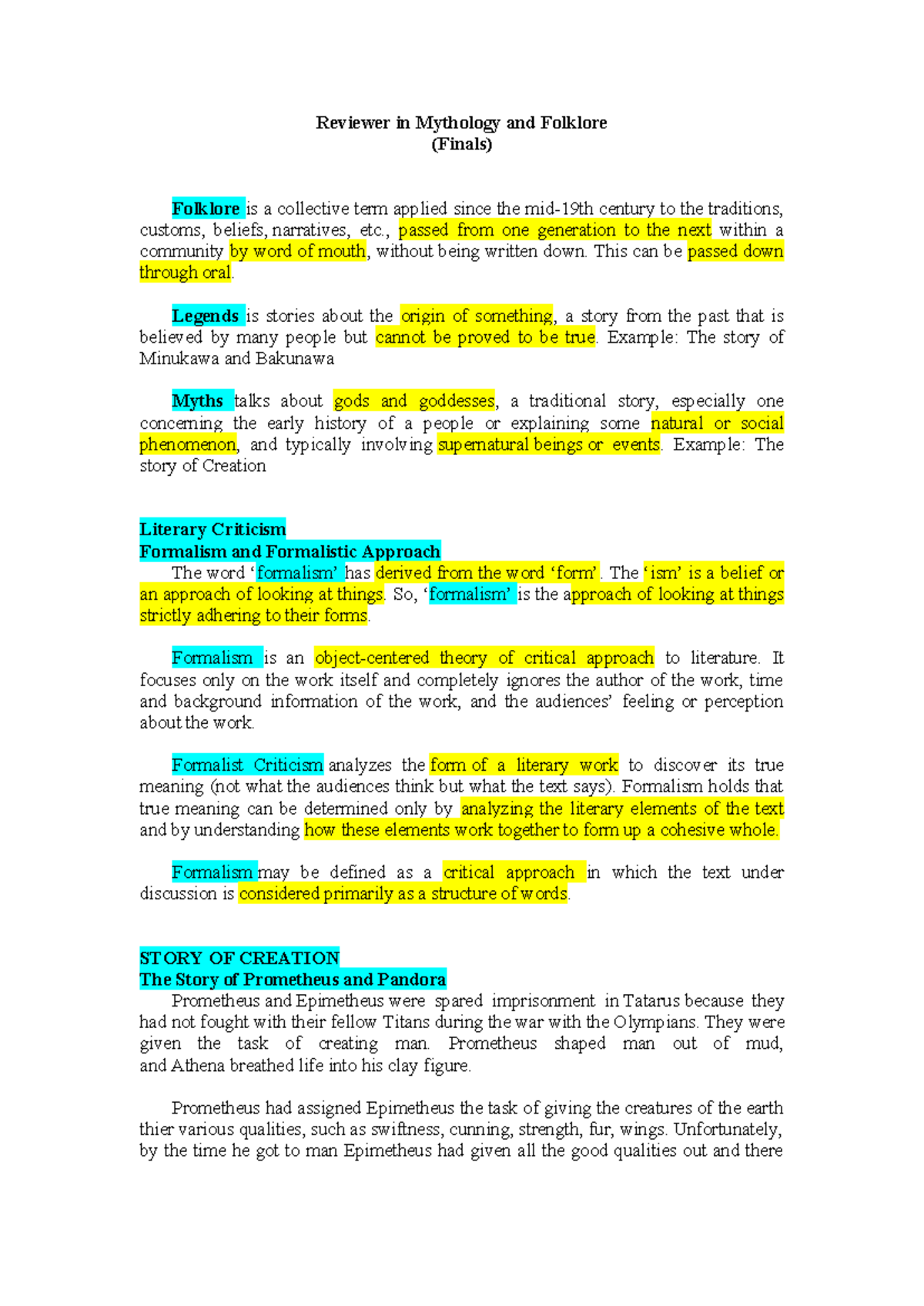 MYTH 101: Finals Reviewer in Mythology & Folklore - Studocu