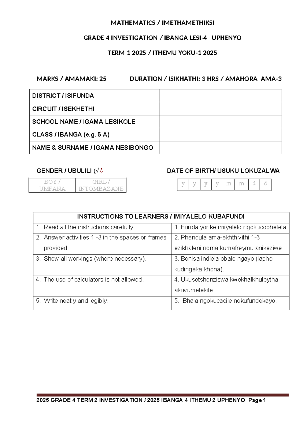 MATHEMATICS GRADE 4 TERM 2 INVESTIGATION 2025: NUMERIC & GEOMETRIC PATTERNS - Studocu