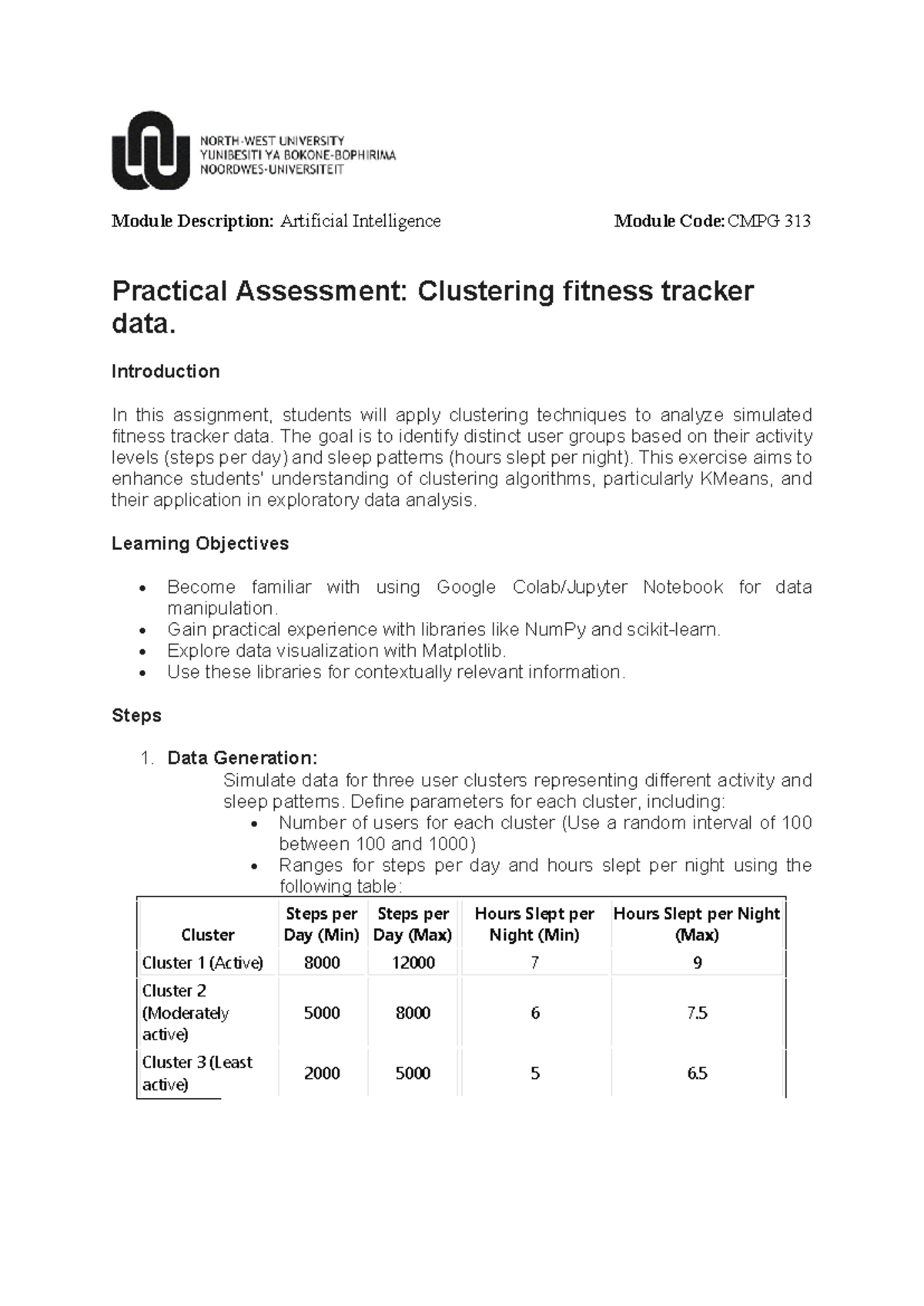 CMPG 313: 4th Practical Assignment on Clustering Fitness Data Analysis - Studocu
