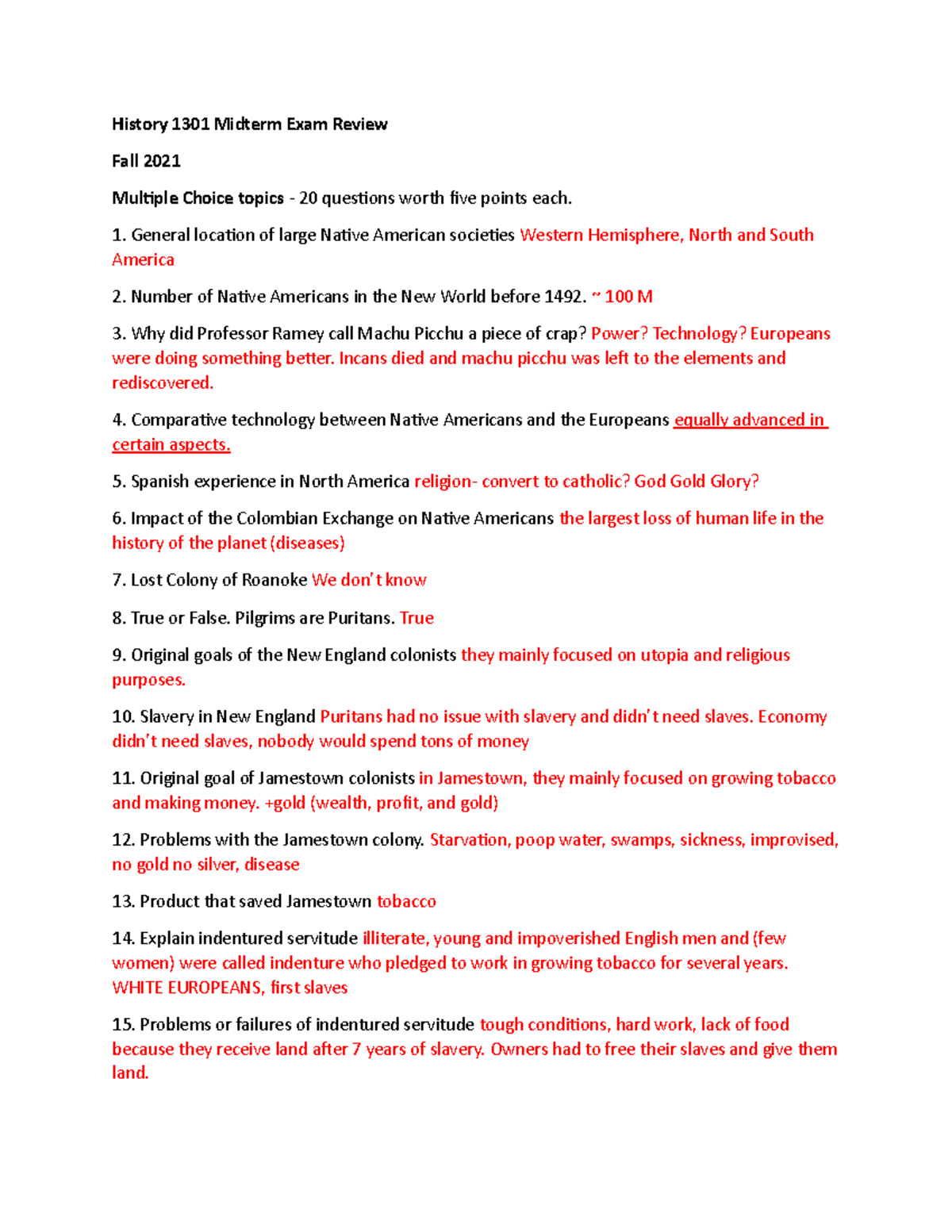 History 1301 Midterm Exam Review - History 1301 Midterm Exam Review Fall 2021 Multiple Choice ...