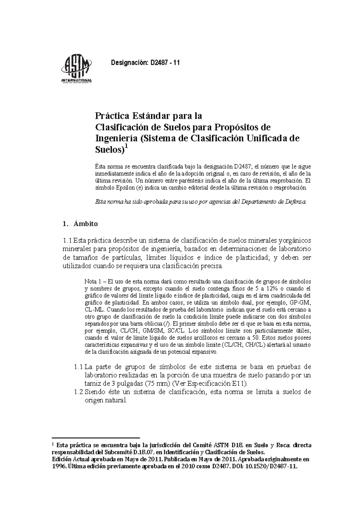 Guía ASTM D2487-11: Clasificación de Suelos para Ingeniería - Studocu