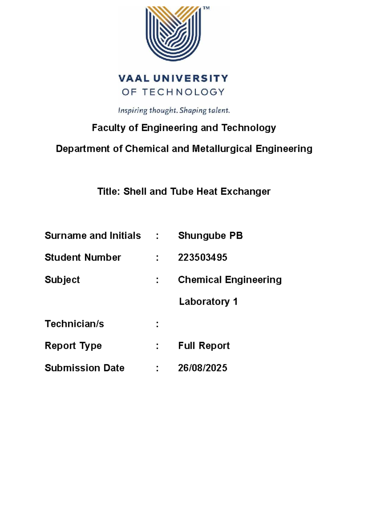 Chemical Engineering Lab 1: Shell and Tube Heat Exchanger Report - Studocu