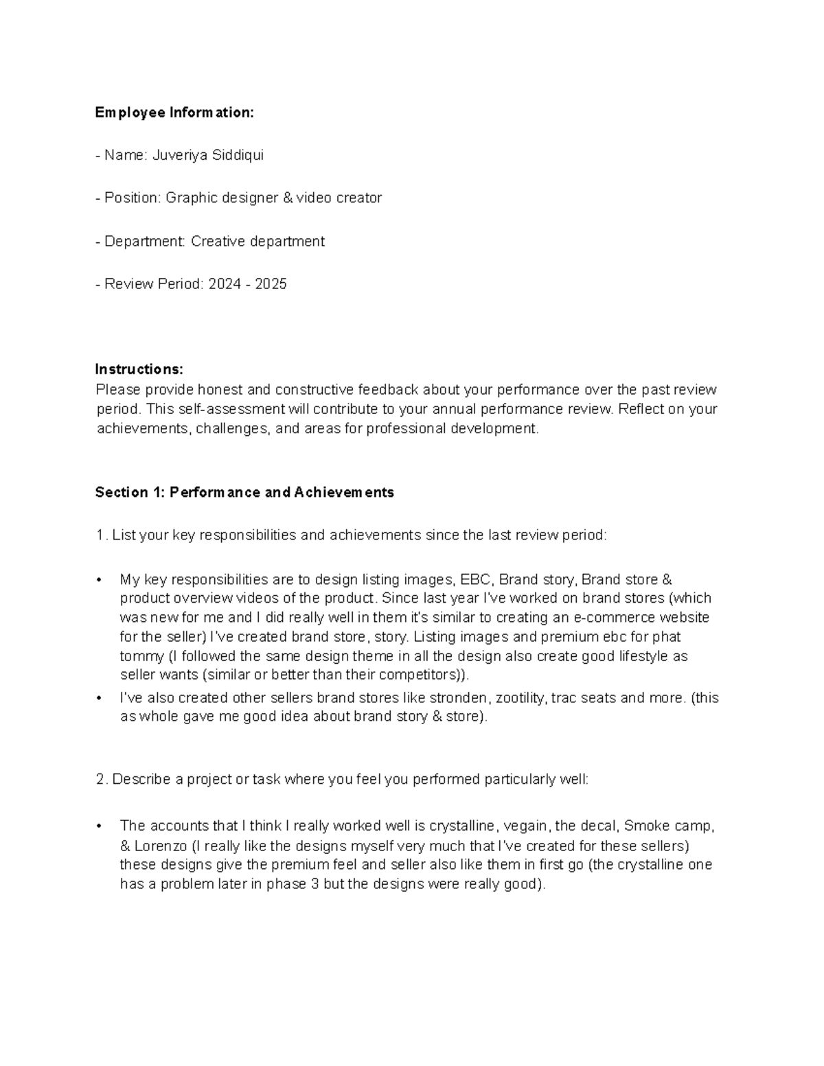 Self-Assessment Form 2026: Employee Performance Review for Juveriya ...