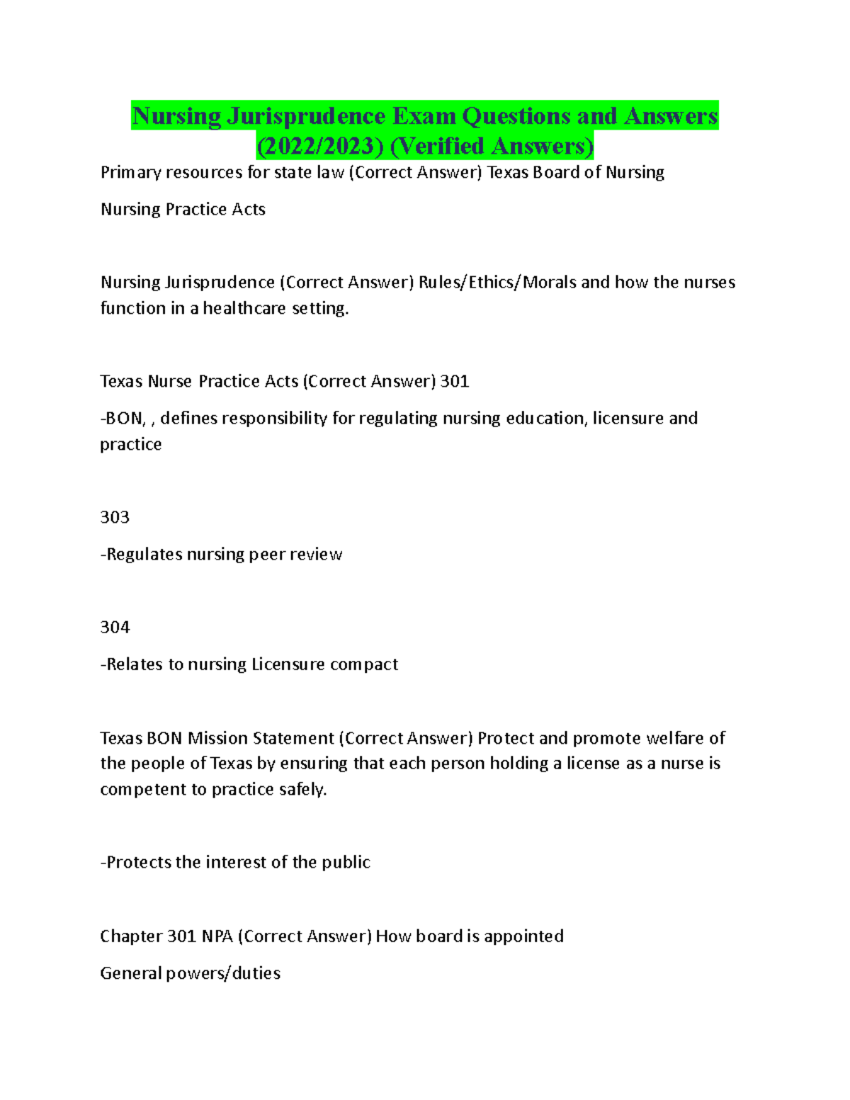 Nursing Jurisprudence Exam Review Questions & Verified Answers (2022/ ...