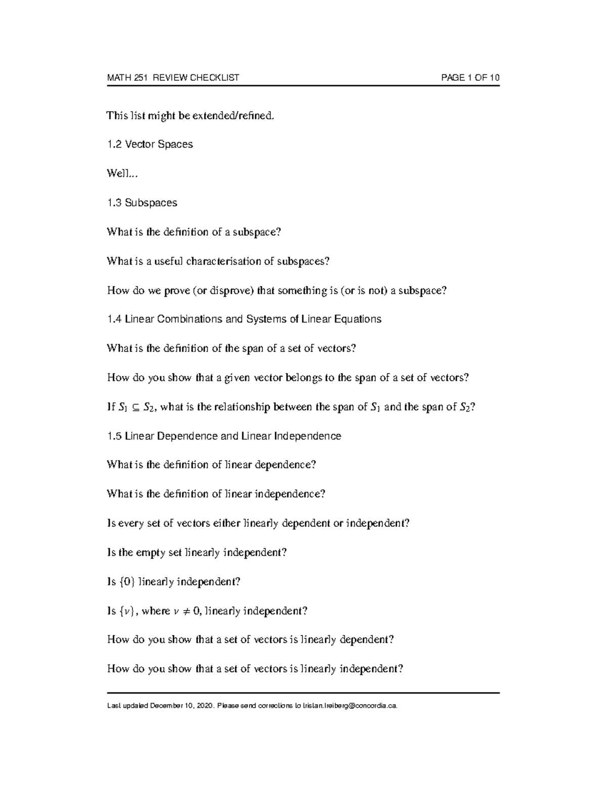 Math251: Vector Spaces and Linear Transformations Review Checklist - Studocu