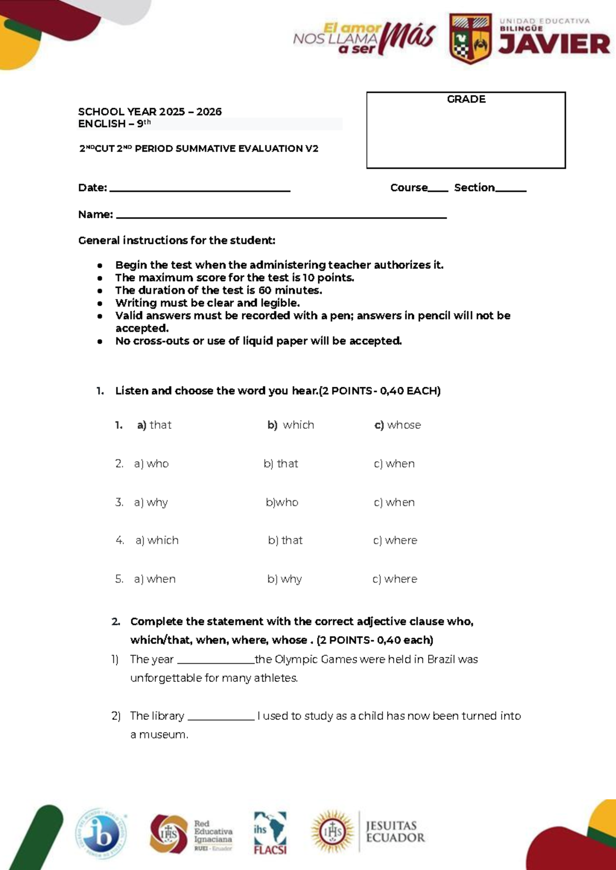 GRADE 9 ENGLISH 2ND PERIOD SUMMATIVE EVAL 2025-2026 V2 - Studocu