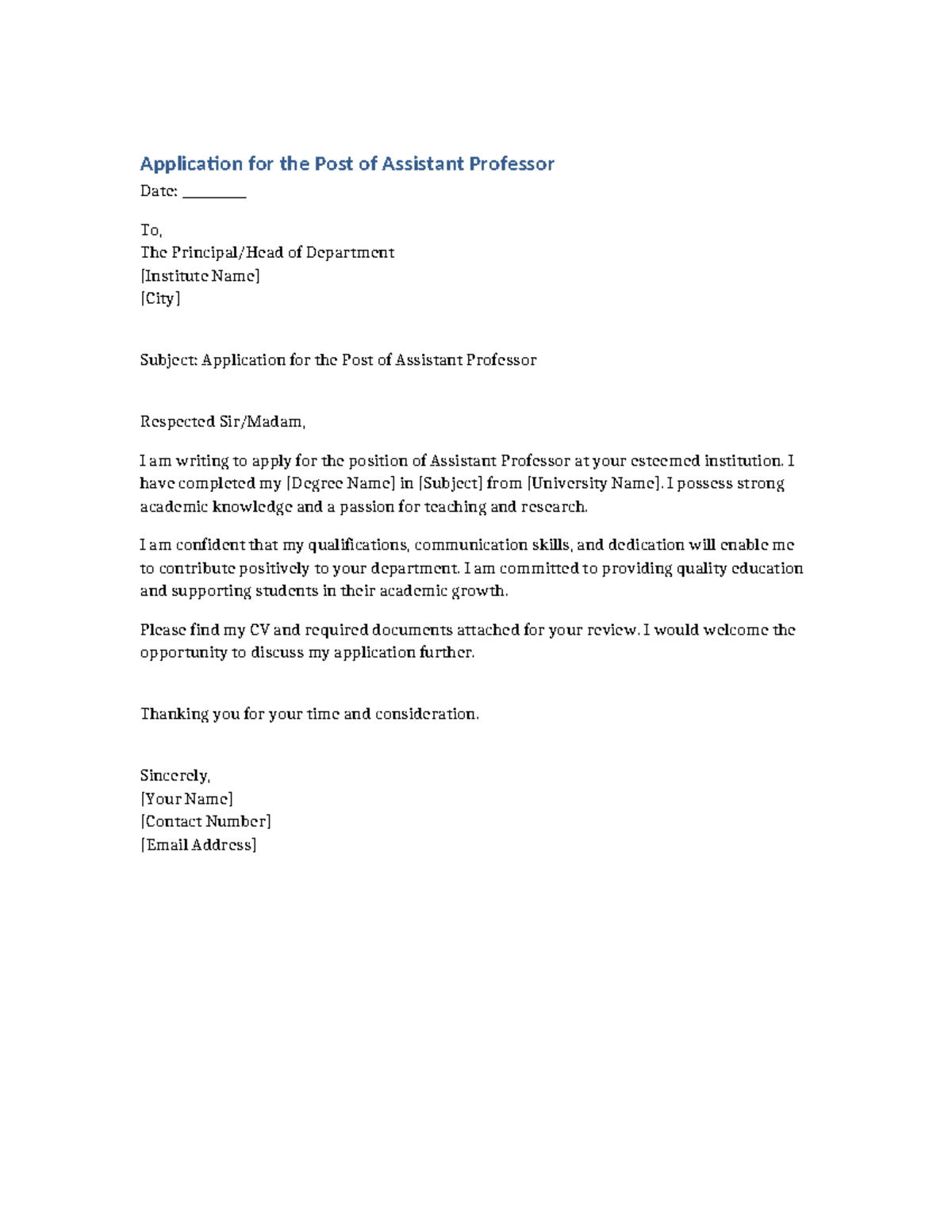 Application for Assistant Professor Position - Studocu