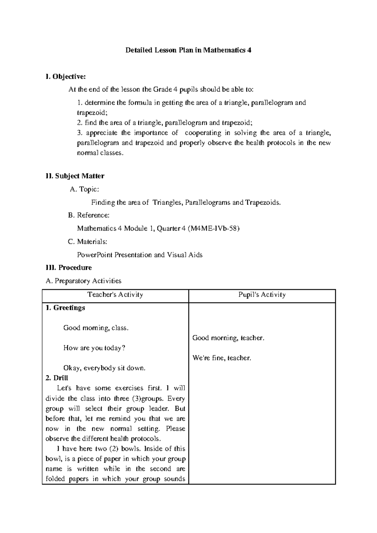 Math 4 Lesson Plan: Area of Triangle, Parallelogram, and Trapezoid ...