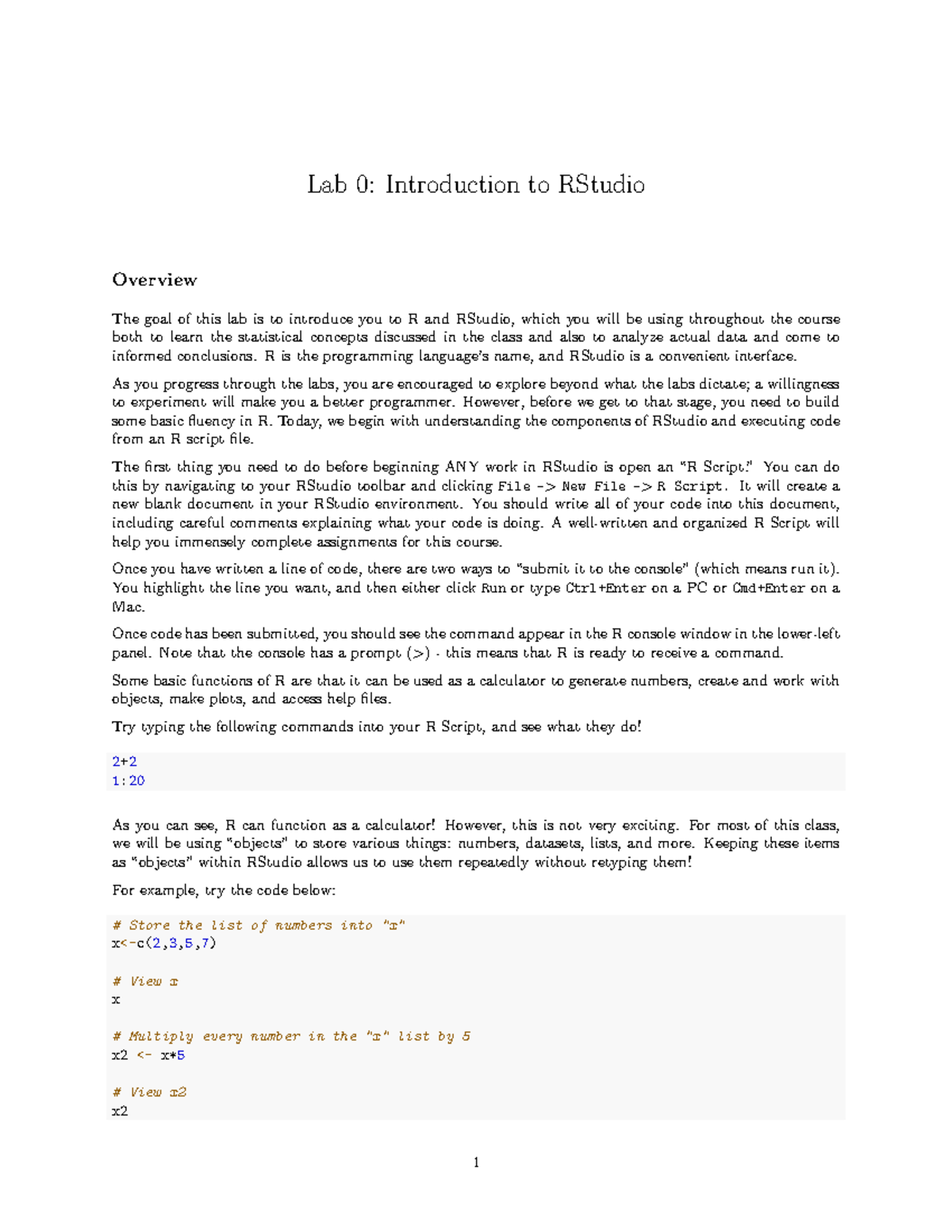 RStudio Lab 0: Intro to R & Dataset Management Tutorial - Studocu