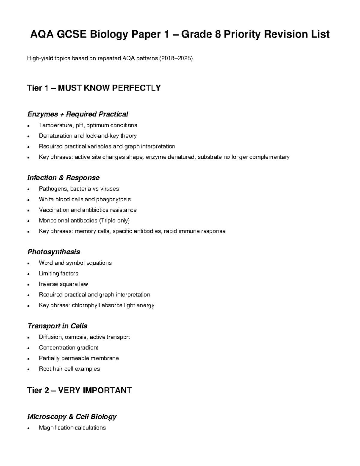 AQA GCSE Biology Paper 1 Grade 8 Revision: Key Topics & Concepts - Studocu