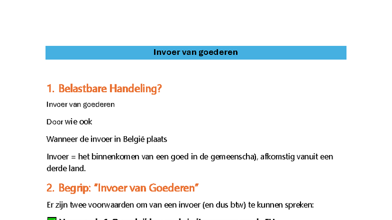 Invoer van Goederen en Belastbare Handelingen in België - Studocu