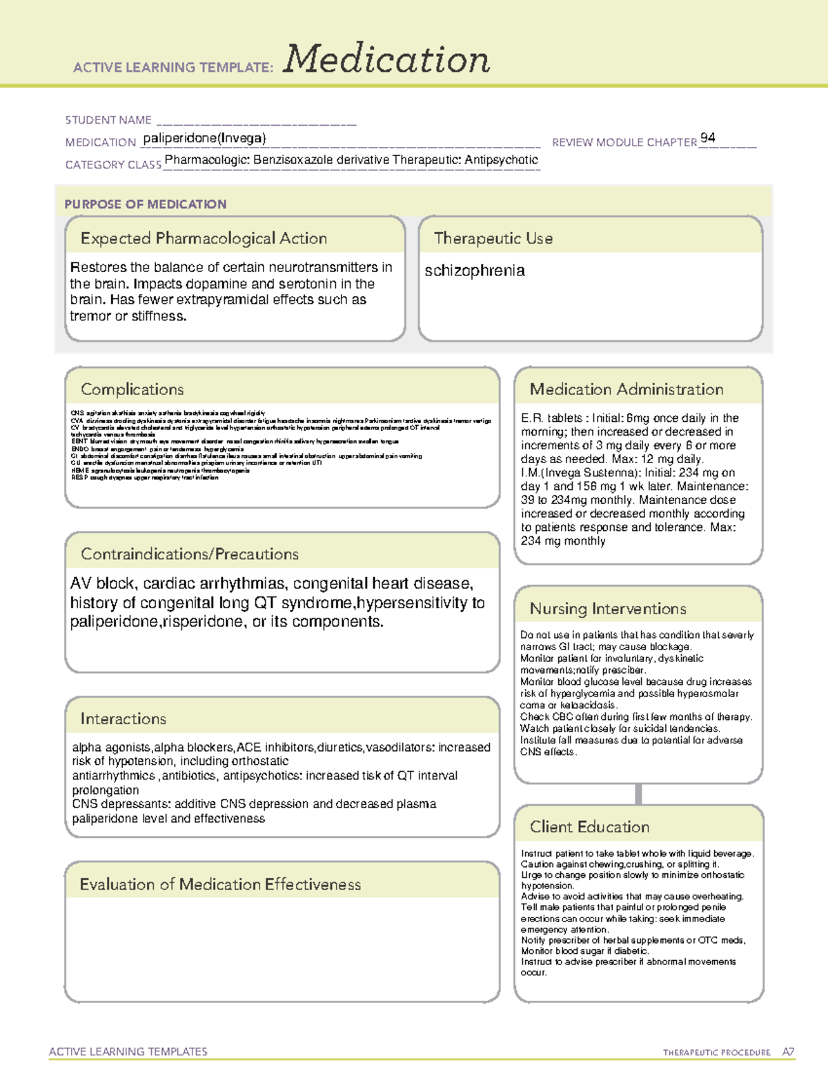Paliperidone (Invega) Drug Card - Active Learning Template - Studocu