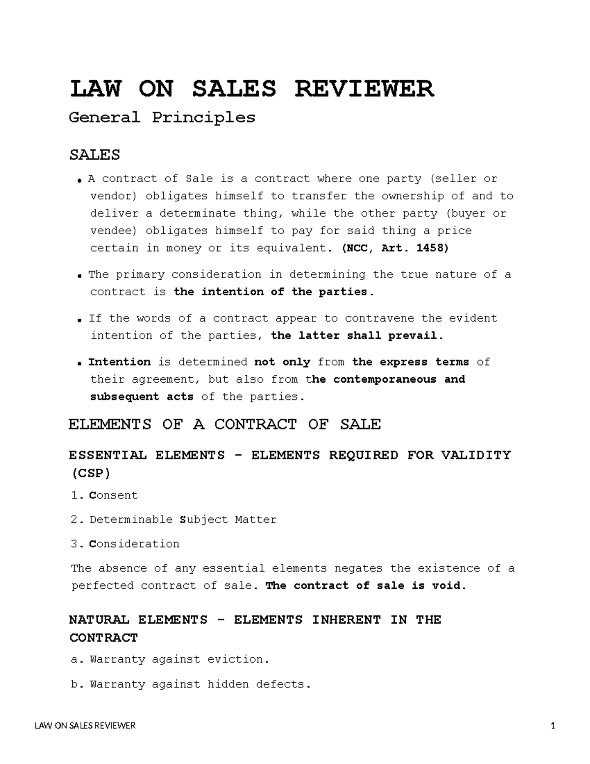 LAW ON SALES REVIEWER: Key Principles and Elements of Sale Contracts ...