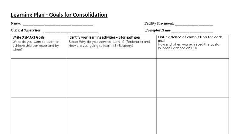 Learning Plan - Lecture - Learning Plan - Goals for Consolidation Name ...