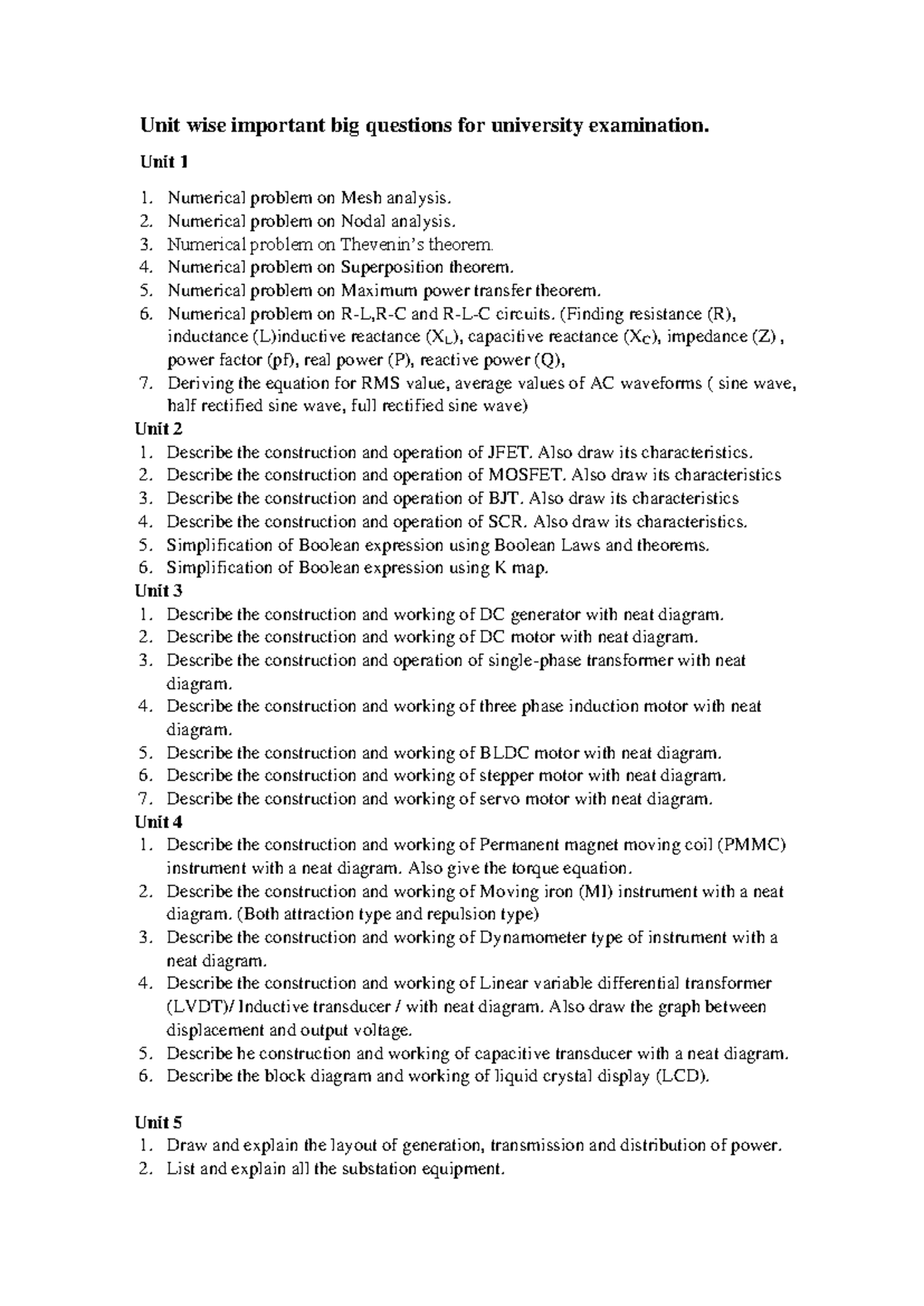 BEEE Important Questions for University Exam: Unit-Wise Breakdown - Studocu