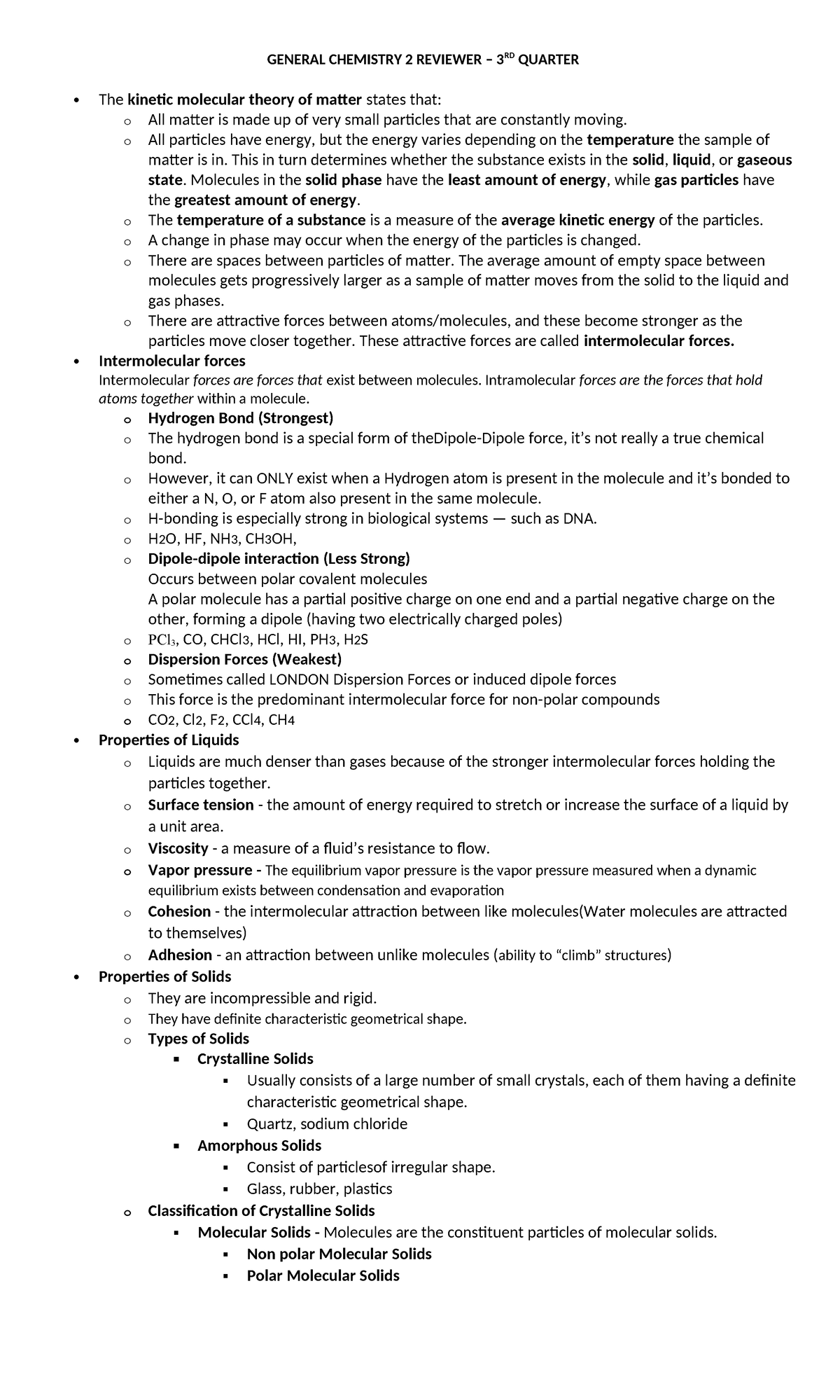 General Chemistry 2 Reviewer: 3rd Quarter Topics & Concepts - Studocu