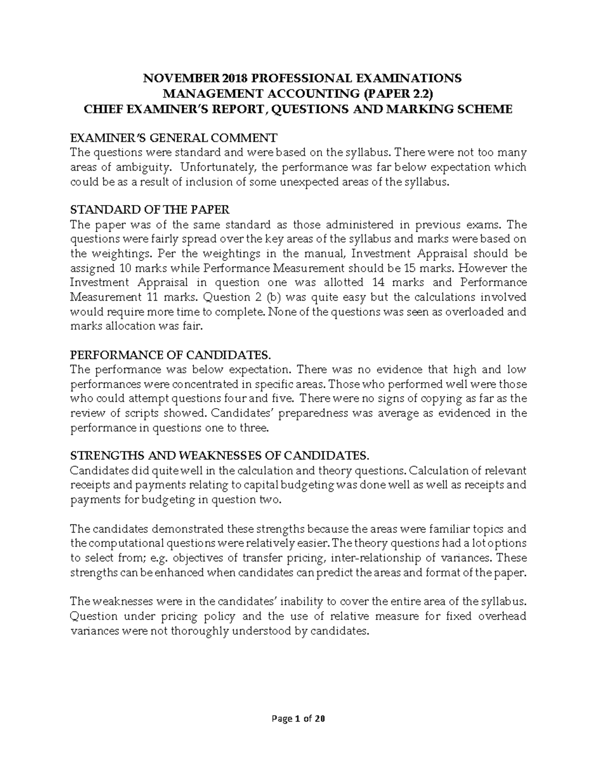 8NOV 2018 Management Accounting Paper 2.2 Chief Report & Marking Scheme ...