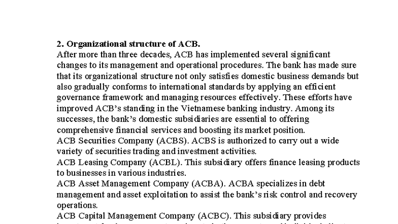 BMA 1 - ACB's Organizational Structure and Operational Changes - Studocu