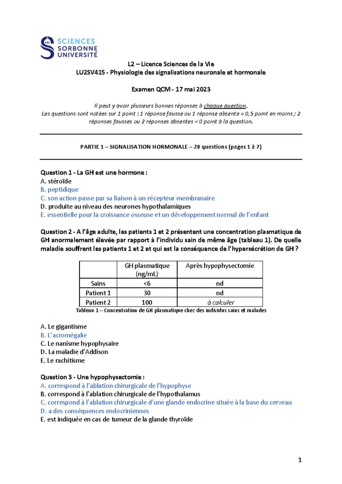 EC2 Corrigé Examen QCM de Physiologie 2022/2023 - Réponses et Explications - Studocu