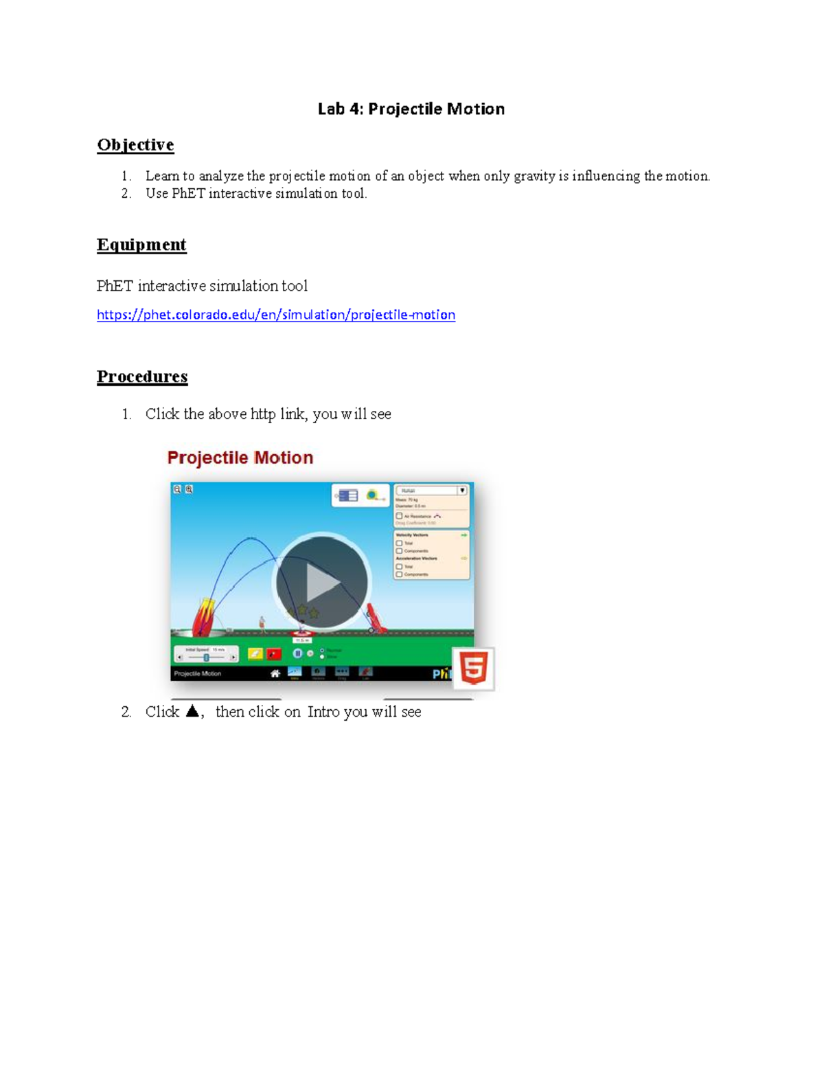 OL Lab 4 Projectile Motion - Ph ET simulation - RH - Lab 4: Projectile ...