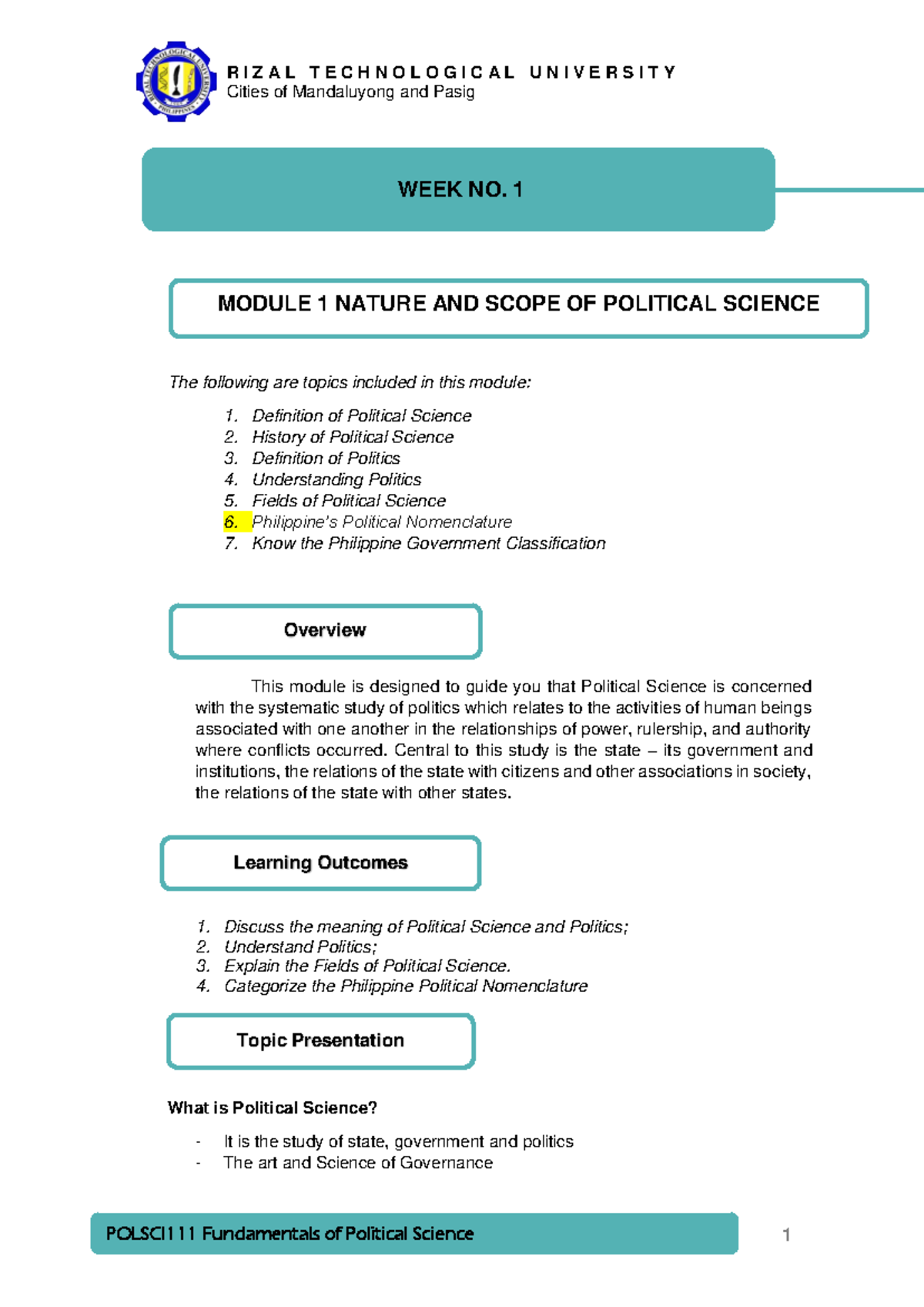 Module 1: Nature and Scope of Political Science (PS101) Guide - Studocu