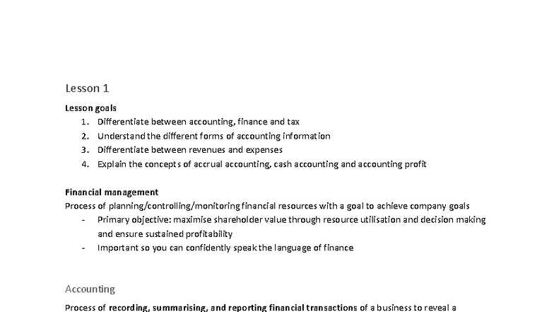 COMM1140 Week 1 Lesson Notes: Accounting vs Finance Concepts - Studocu