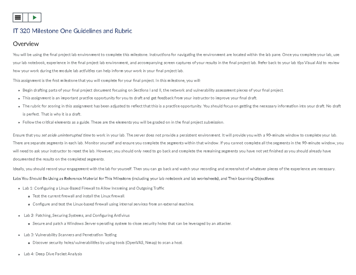 IT 320 Milestone One: Guidelines for Network Assessment and ...