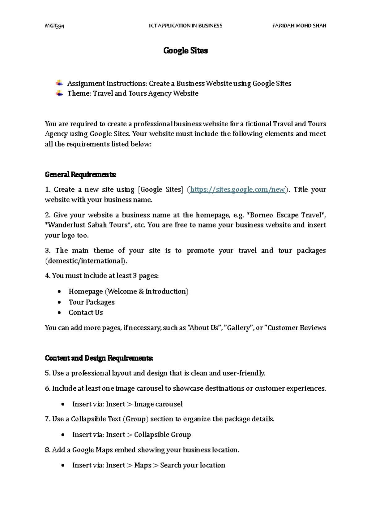 MGT334 Google Sites Assignment: Travel & Tours Agency Website - Studocu