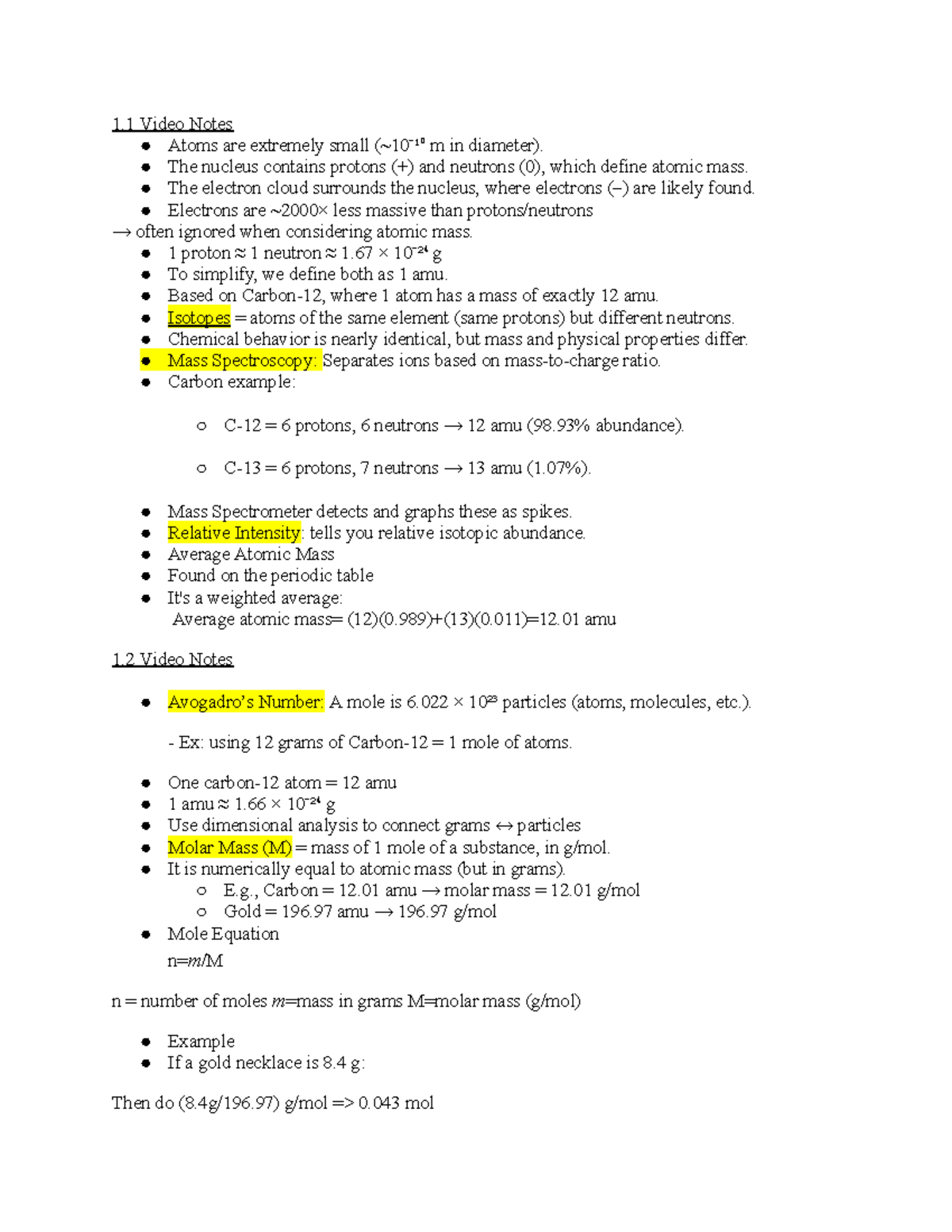 Unit 1 Notes: Atoms, Isotopes, and Molar Mass Concepts - Studocu