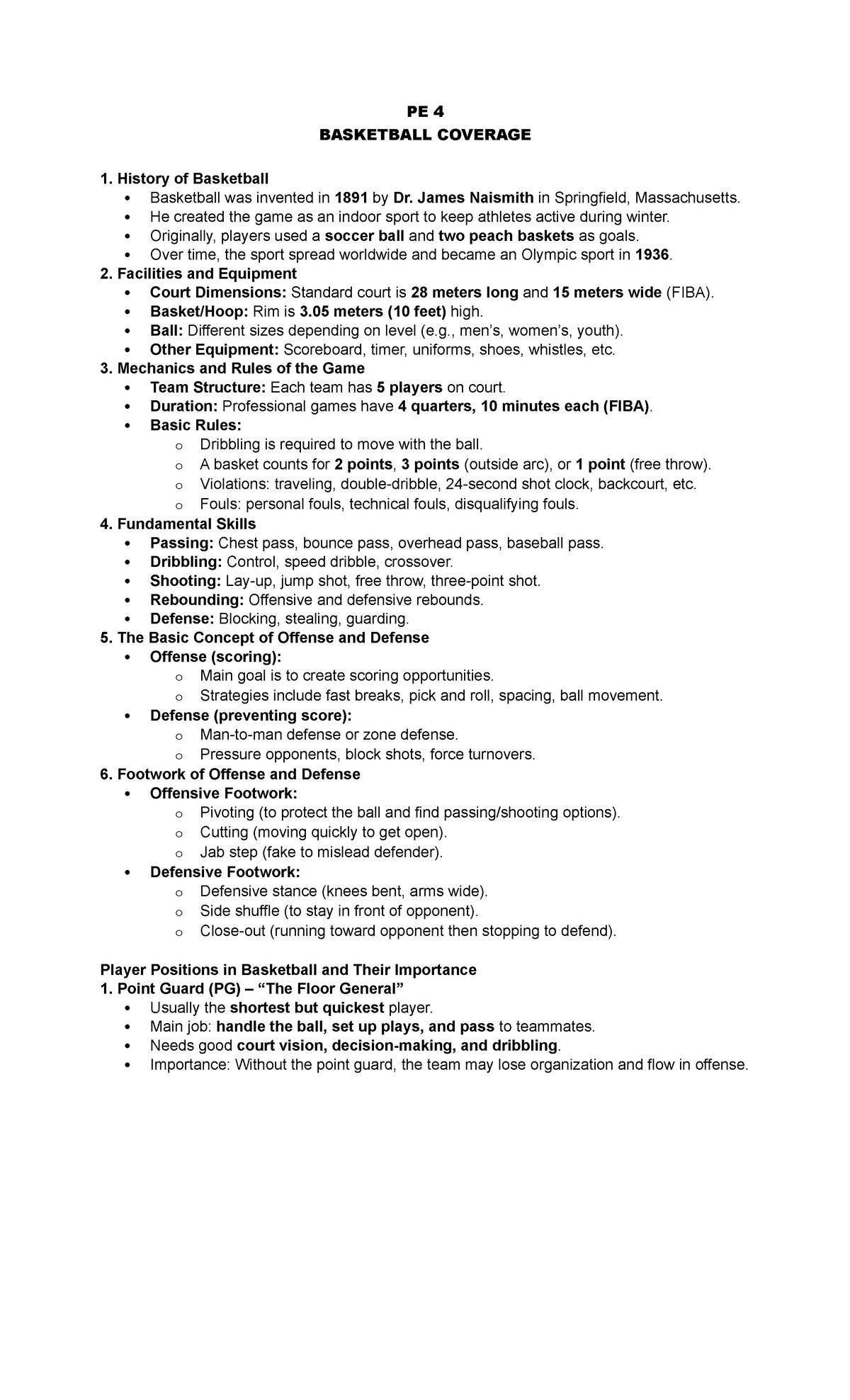 PE 4 Basketball Coverage: History, Rules, Skills & Strategies - Studocu