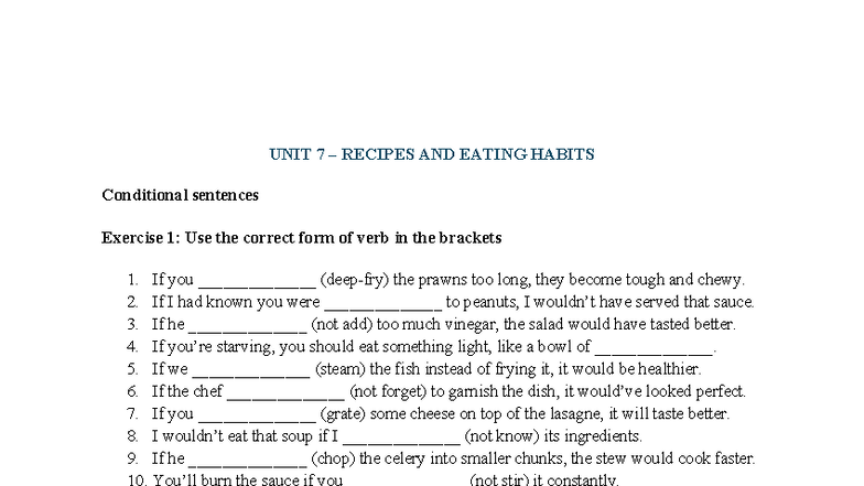 Unit 7 - Conditional Sentences: Recipes & Eating Habits Exercises - Studocu