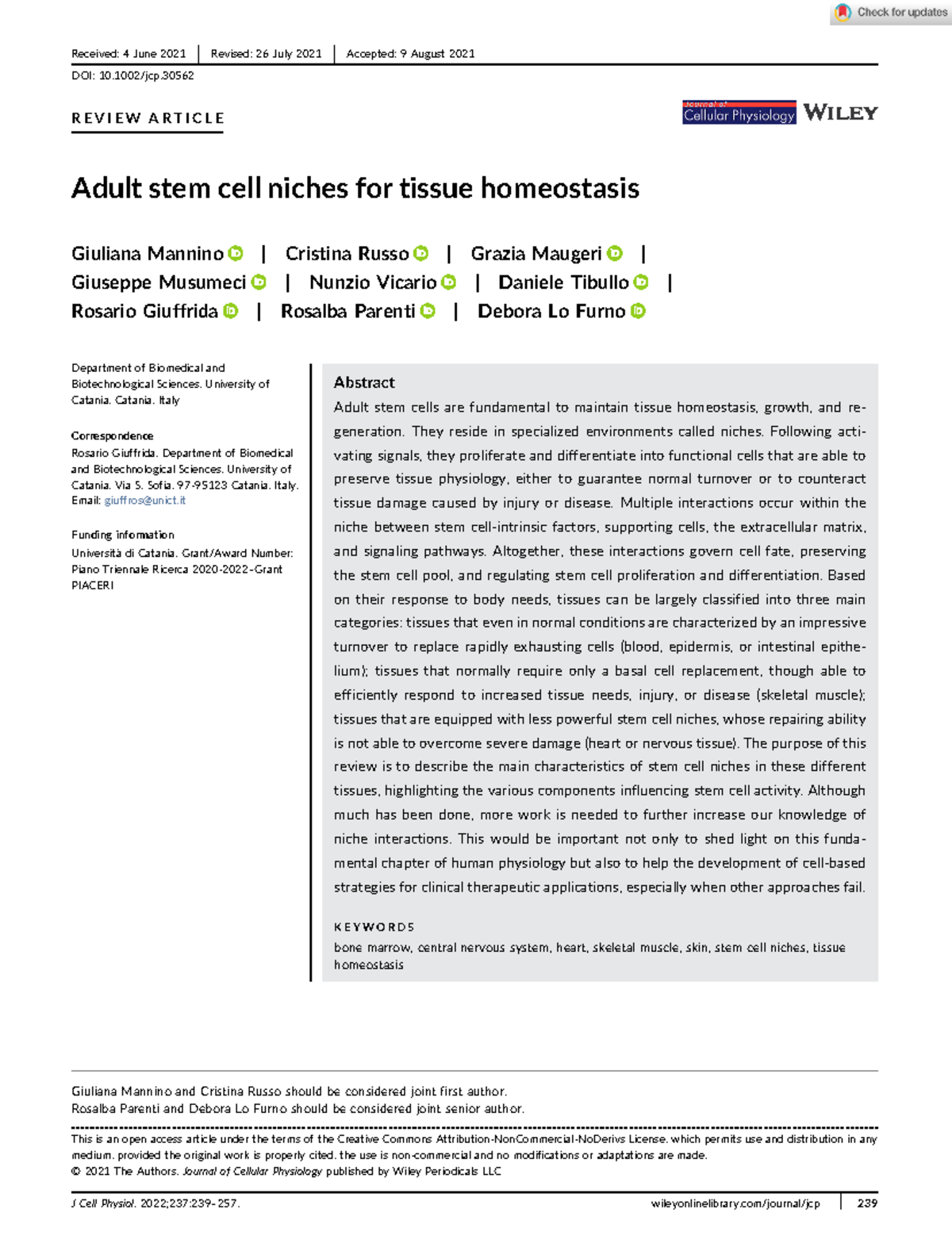 Journal CAdult stem cell niches for tissue homeostasis - J Cell Physiol ...