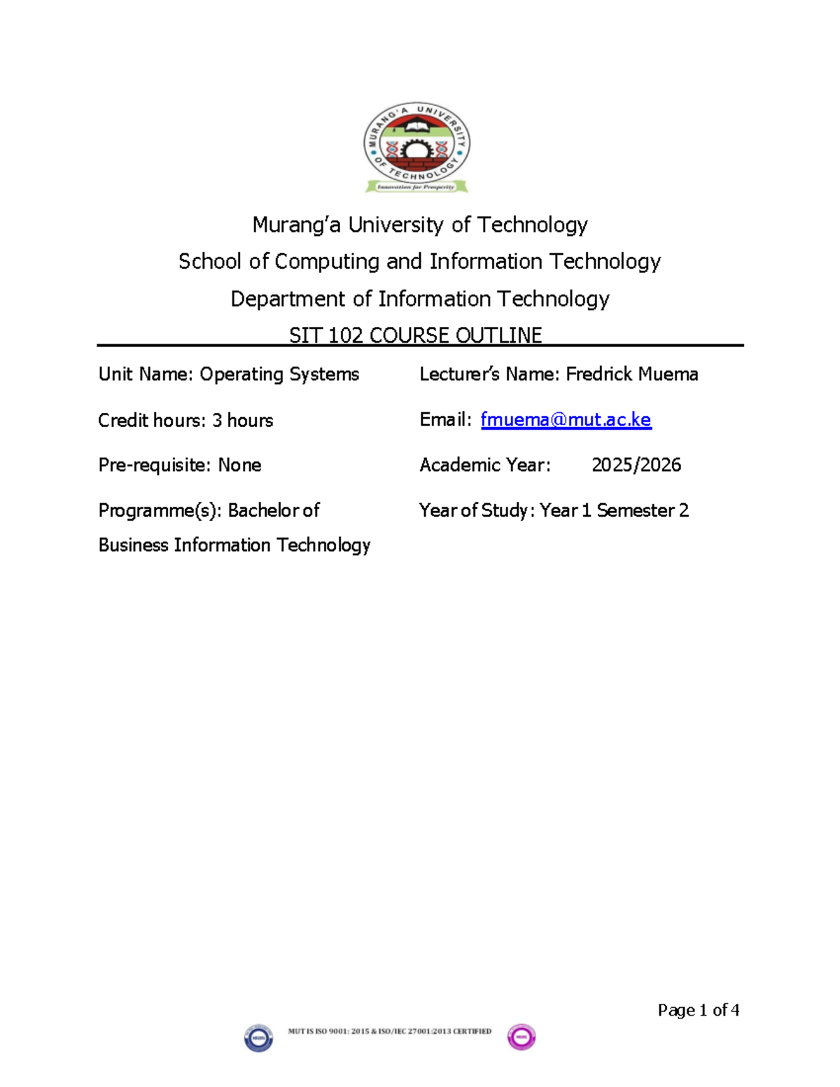 SIT 102 - Operating Systems Course Outline and Key Concepts - Studocu