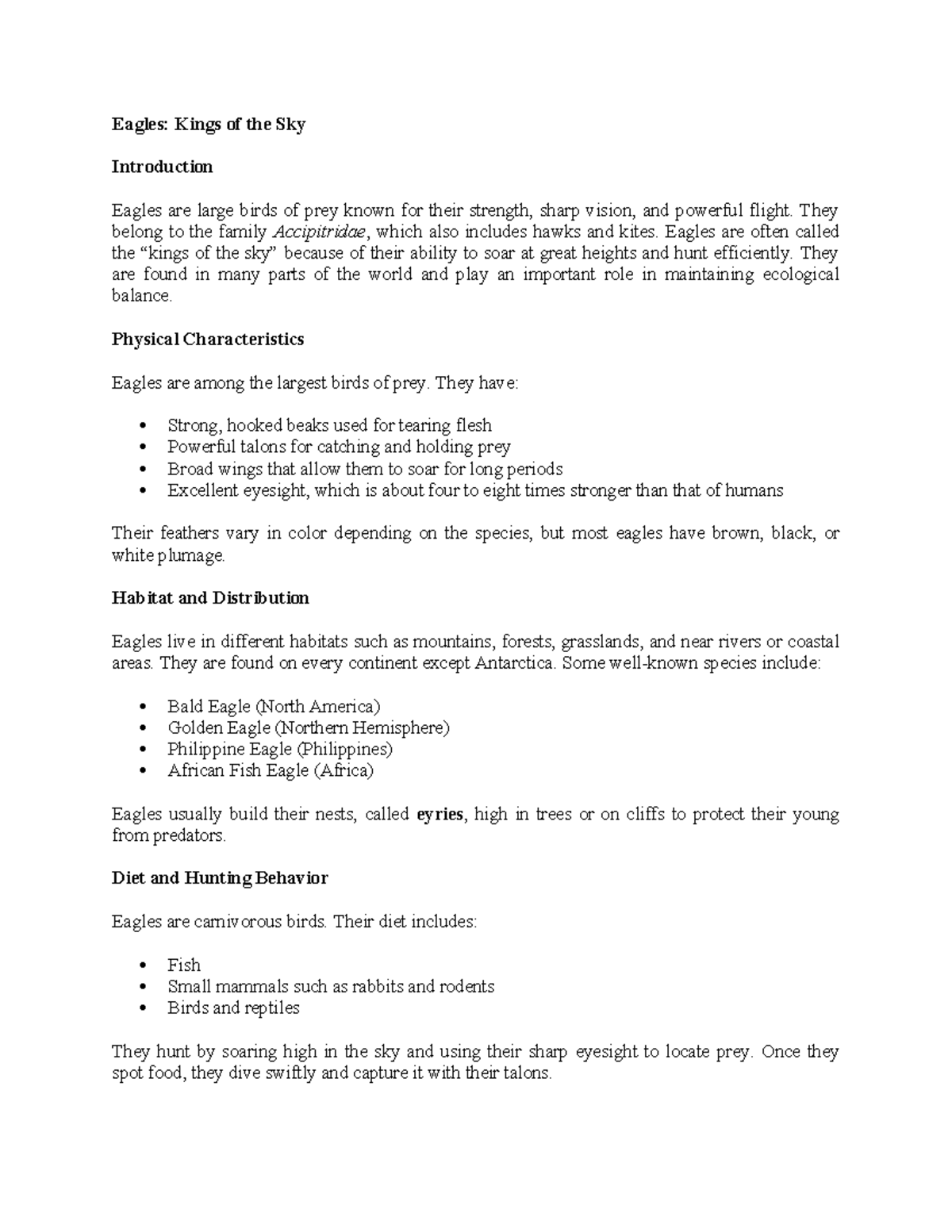 Eagles: Research Paper on the Kings of the Sky - Studocu