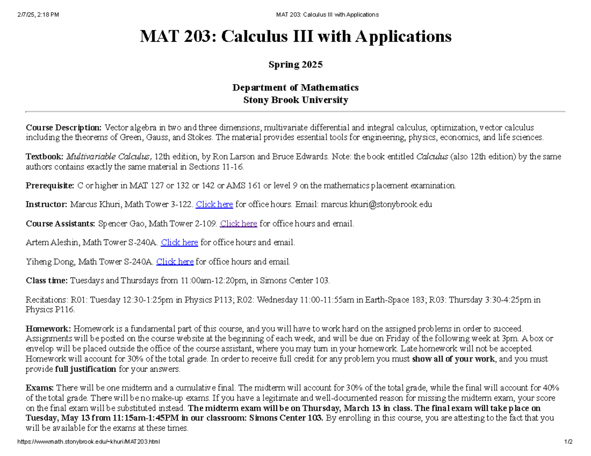 MAT 203 Syllabus: Calculus III w/ Applications for Spring 2025 - Studocu
