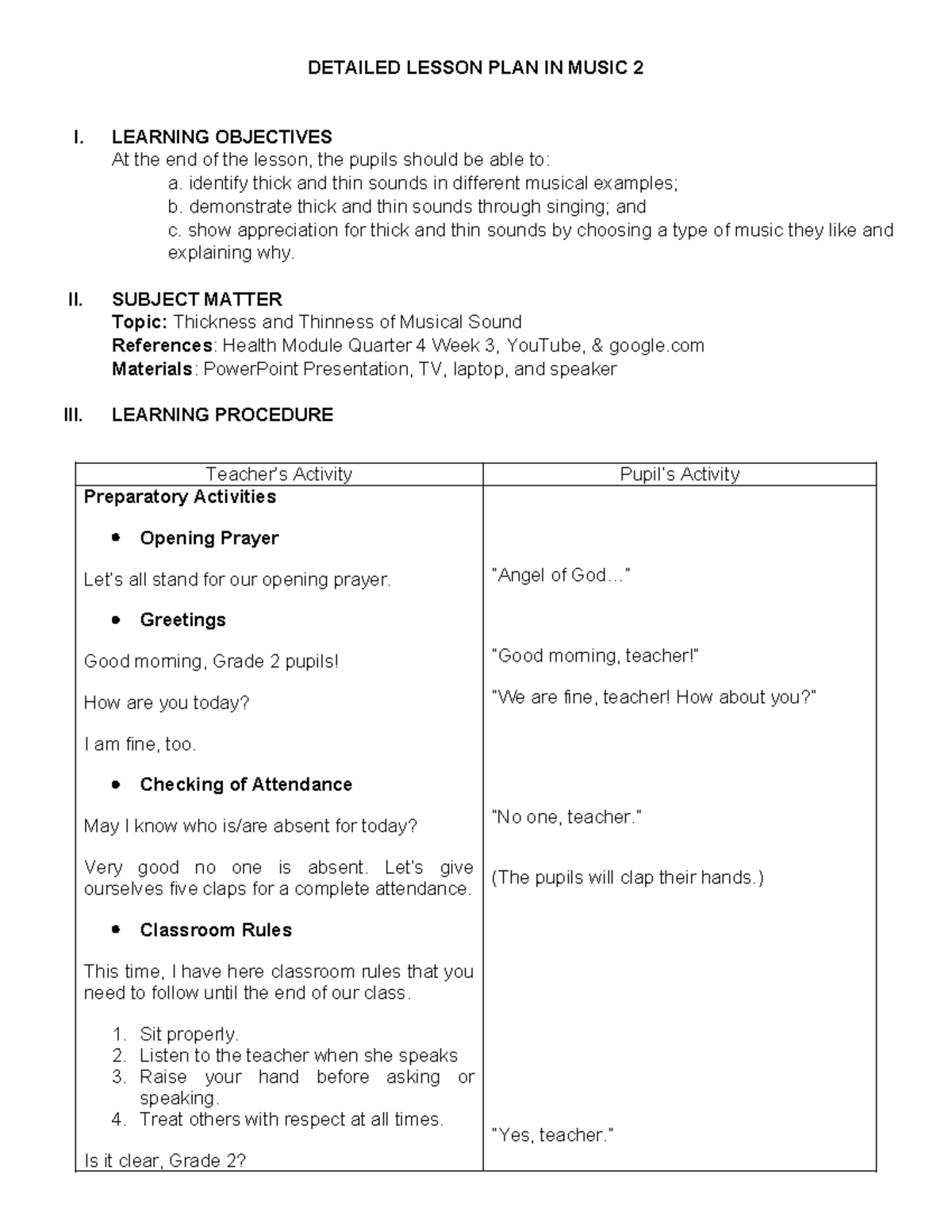 Music 2 - Final Lesson Plan on Thickness and Thinness of Sound - Studocu