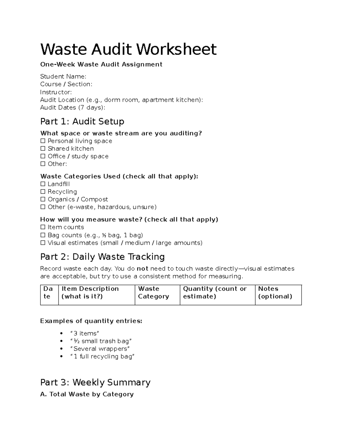 Waste Audit Assignment Worksheet - 67 8i it8 - Studocu