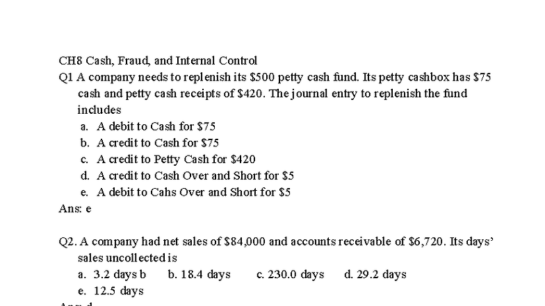 CH8 Cash, Fraud, and Internal Control Exercises and Solutions - Studocu