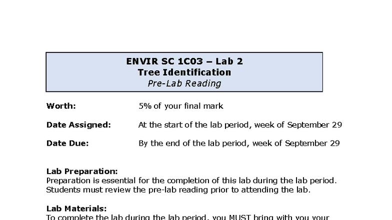 ES 1C03 Lab 2 Pre-Lab Reading: Tree Identification Guide - Studocu