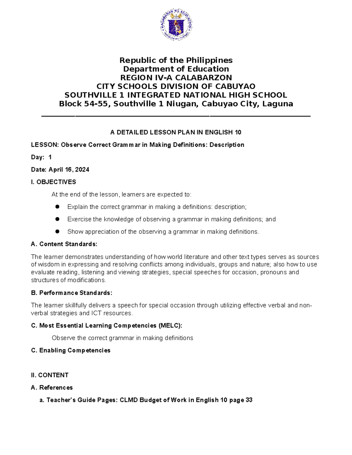Q4-W2-Day-1-Lesson Plan: Descriptive vs. Prescriptive Grammar in ...