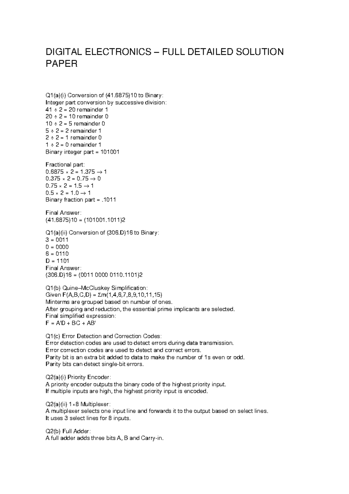 DIGITAL ELECTRONICS Q1 SOLUTIONS: CONVERSIONS & SIMPLIFICATIONS - Studocu