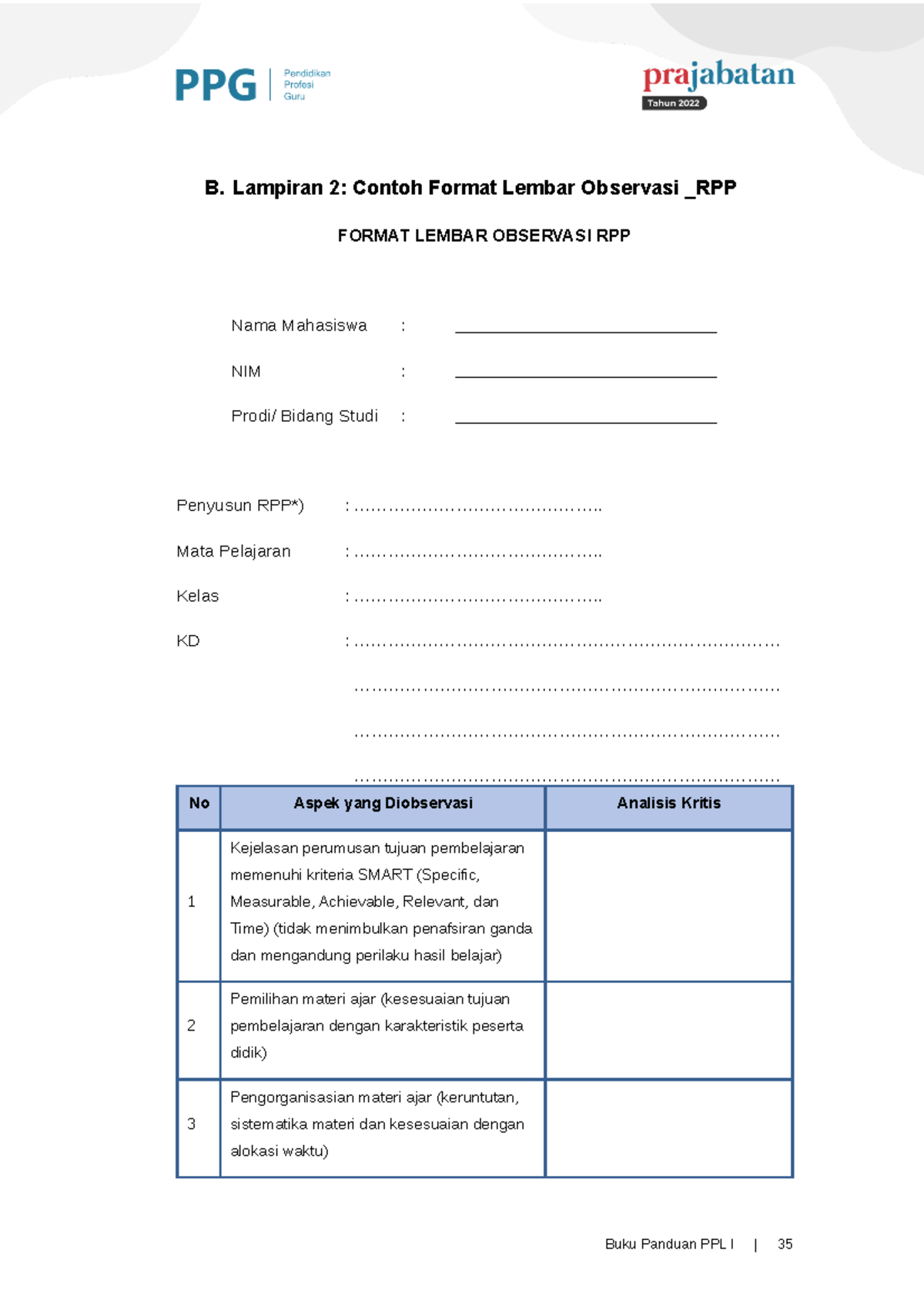Contoh Format Lembar Observasi RPP untuk PPL I - Studocu